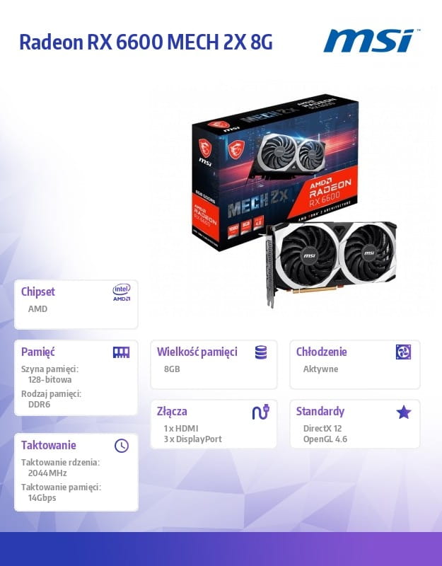 MSI Karta graficzna Radeon RX 6600 MECH 2X 8GB 128bit GDDR6 3DP/HDMI ...